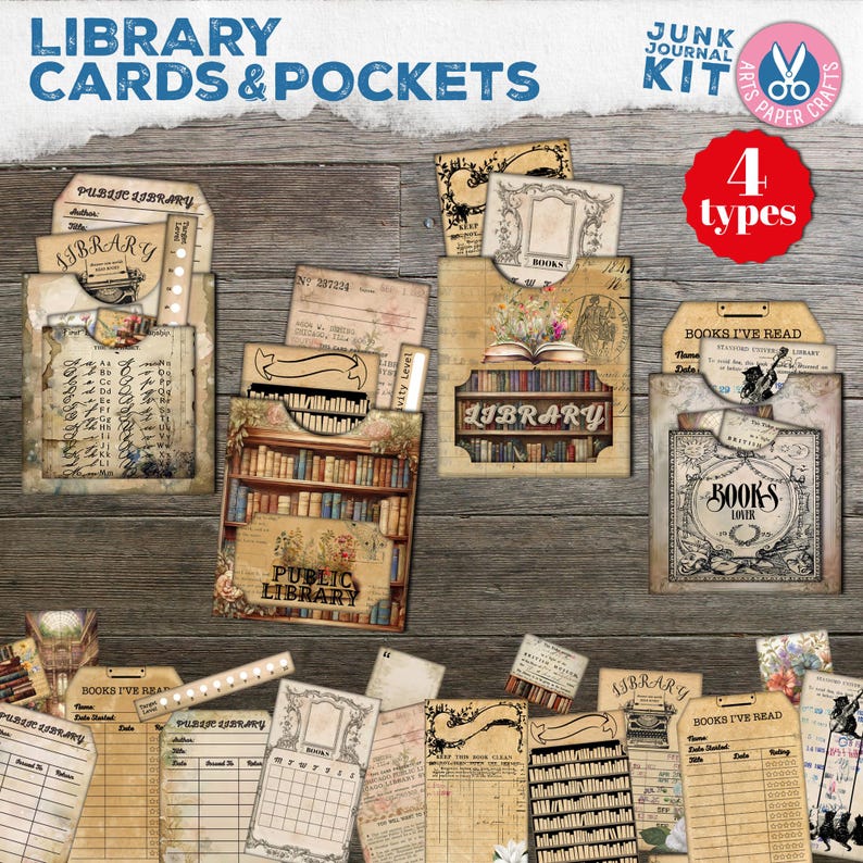 Shabby Library Card Pockets, Junk Journal, Roses Pink, Tag Ephemera ...
