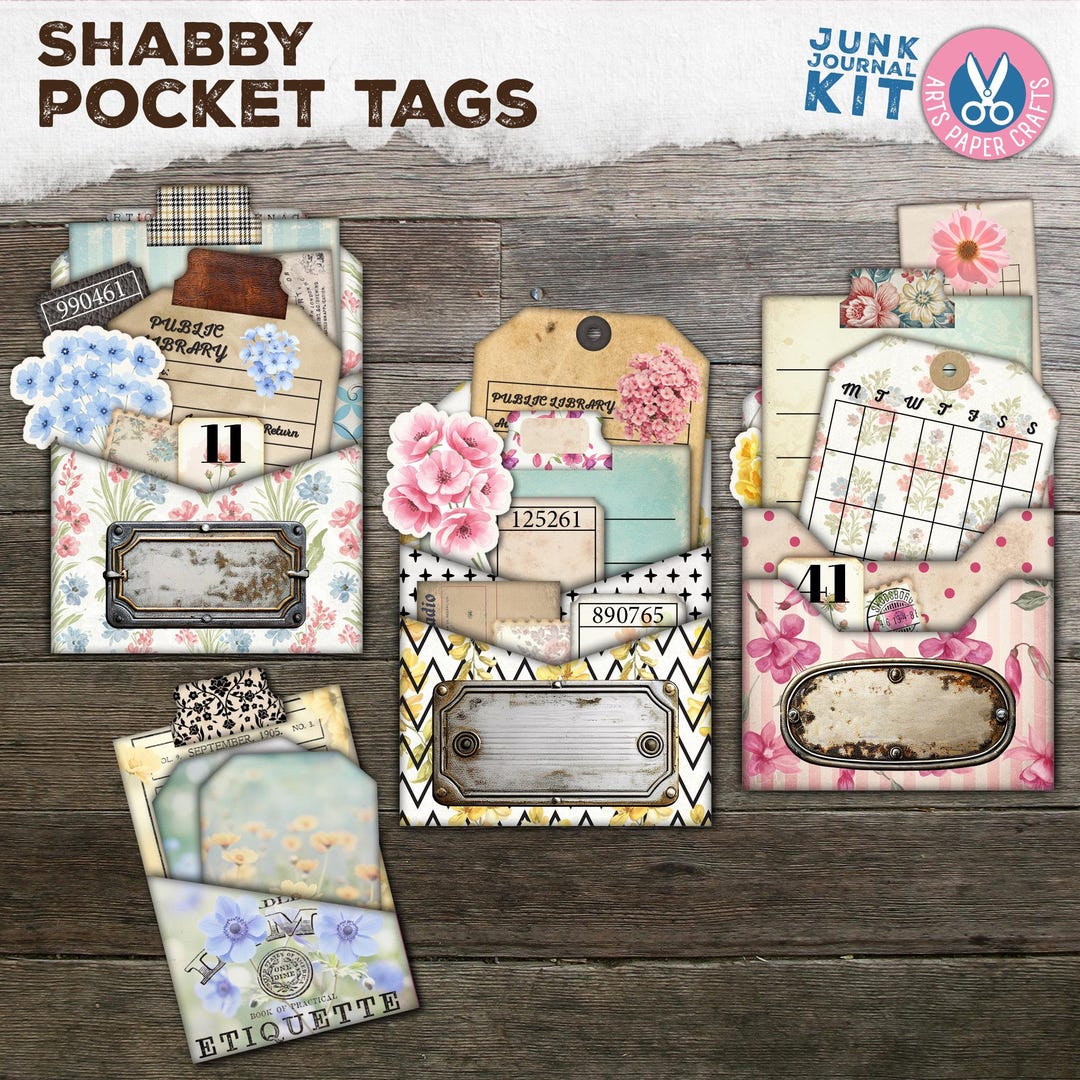 Junk Journal, Flowers Pocket Tags, Library Card Pockets, Tab Folder ...