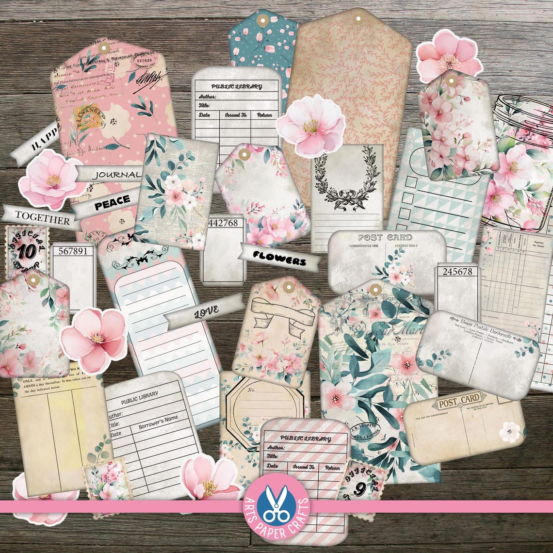 Pocket Tags, Green, Pink, Junk Journal Kit, Printable Ephemera, Collage ...