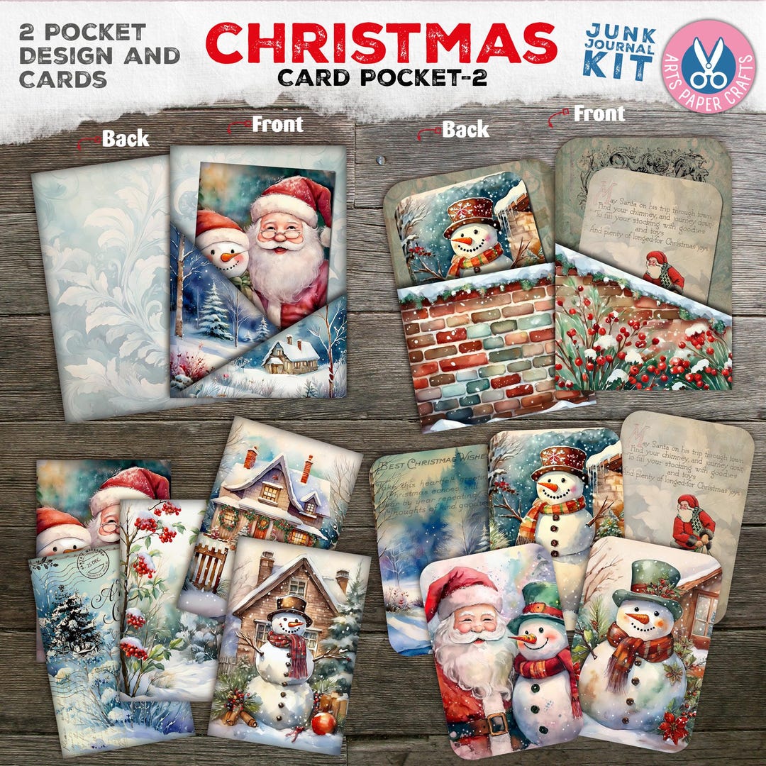 Christmas Pockets, Cards, Junk Journal Kit, Printable, Digital Paper ...