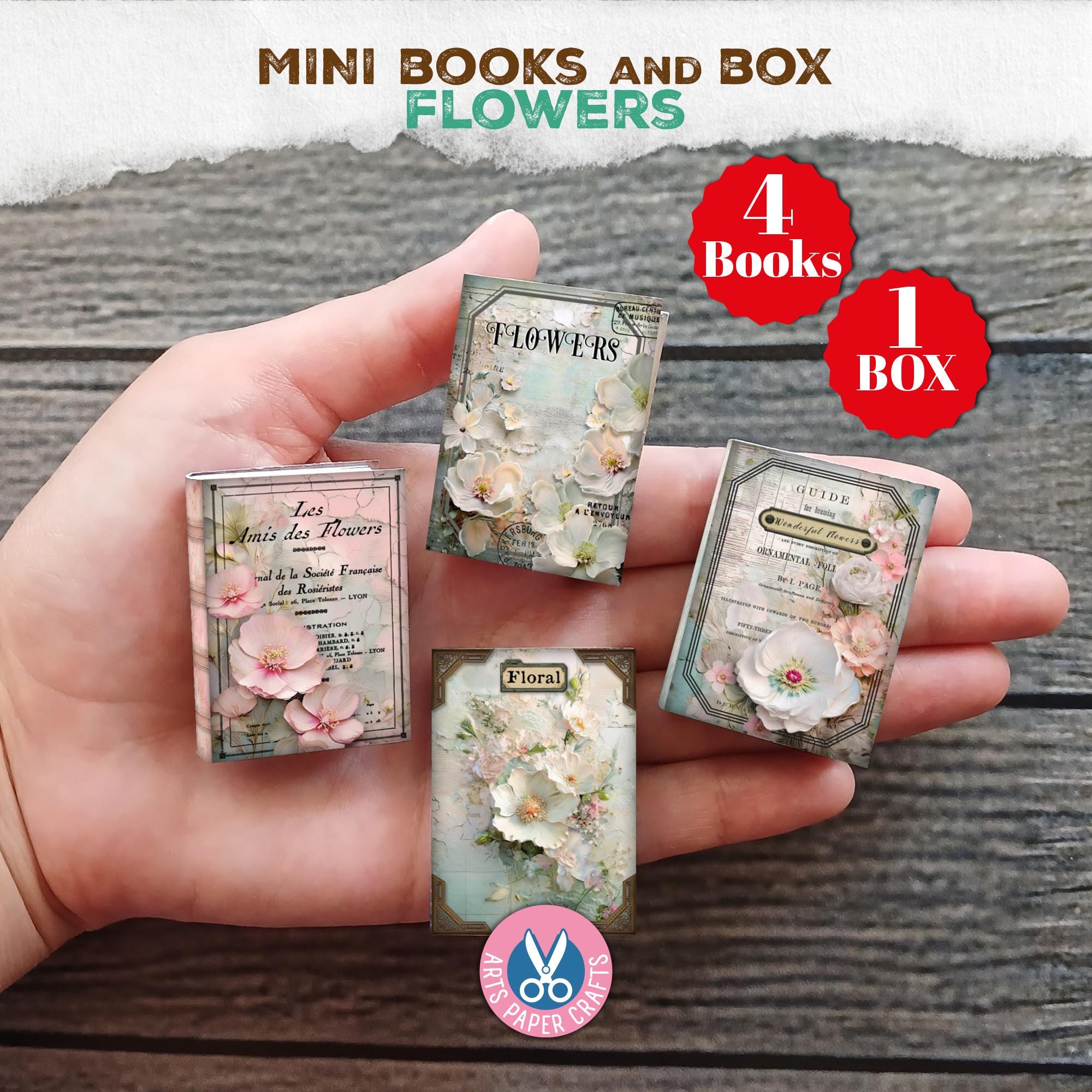 Shabby Chic Flowers Mini Books Box, Miniature Botanical Book ...