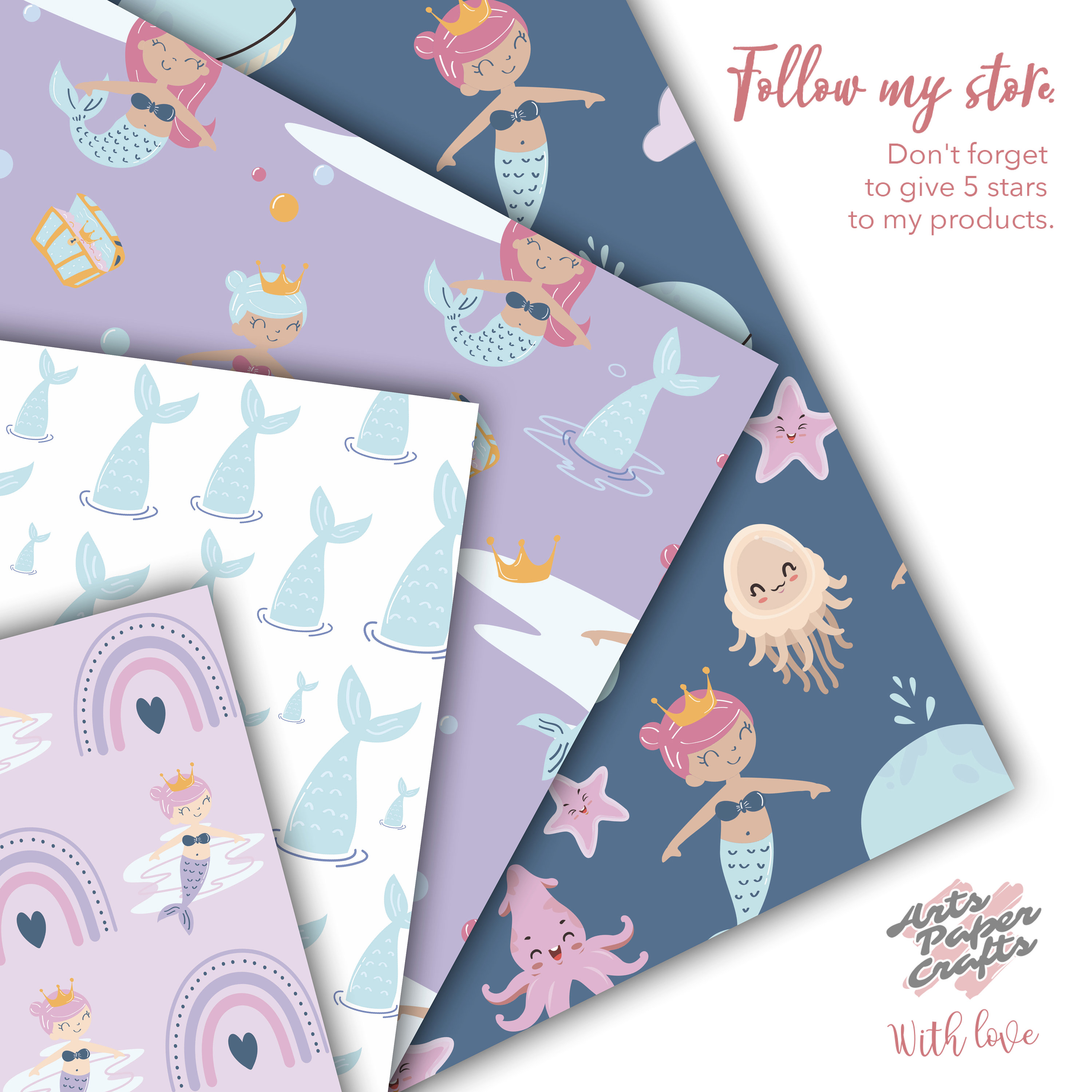 Cute Mermaid Digital Paper Sets Cute Mermaid Theme Party Cute Mermaid ...