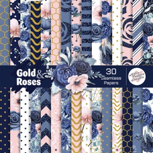 Gold and Roses Digital Paper Set Navy Gold&rose Theme Party Glitter ...