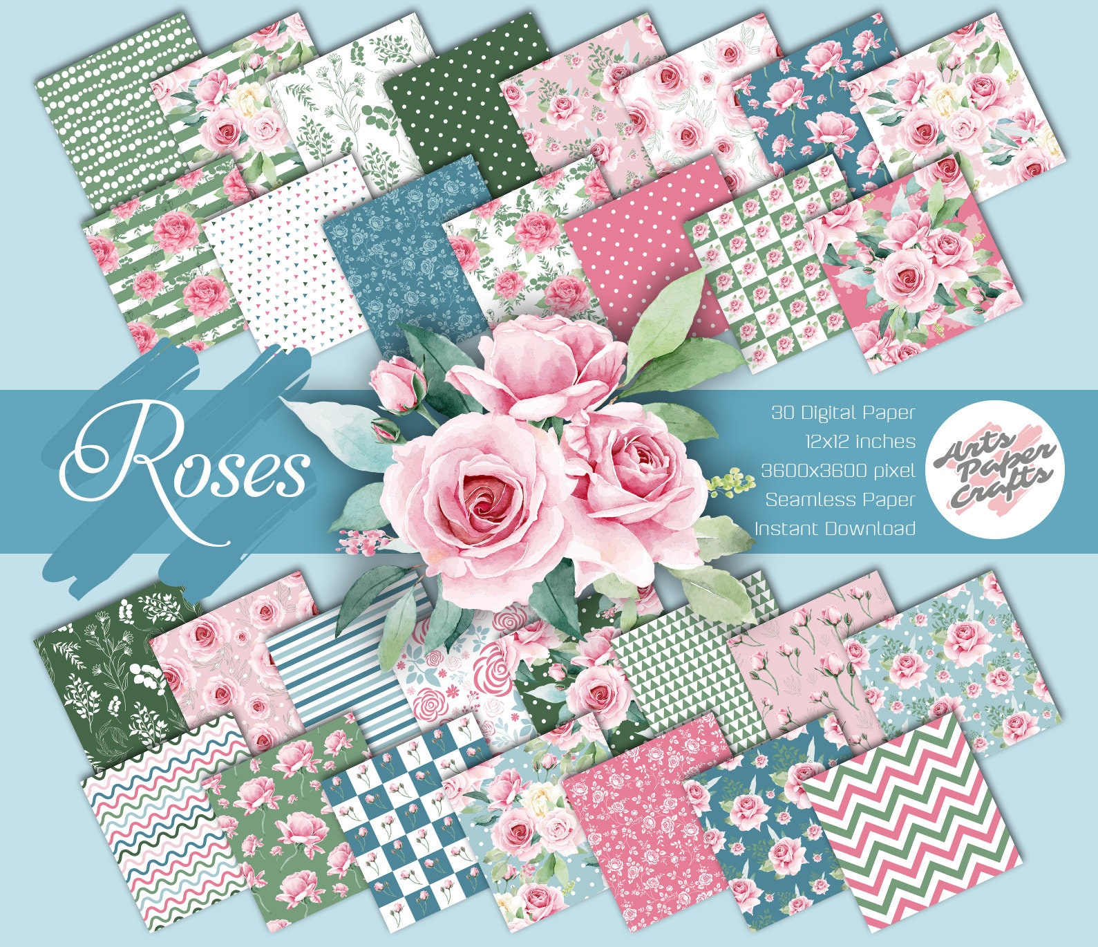 Roses Watercolor Flower Digital Paper Sets Roses Theme Party - Etsy