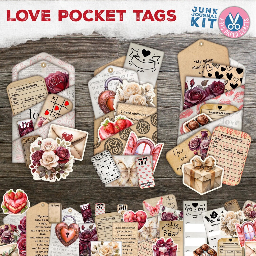Love Valentine Pocket Tags, Floral, Vintage Roses Junk Journal Kit ...