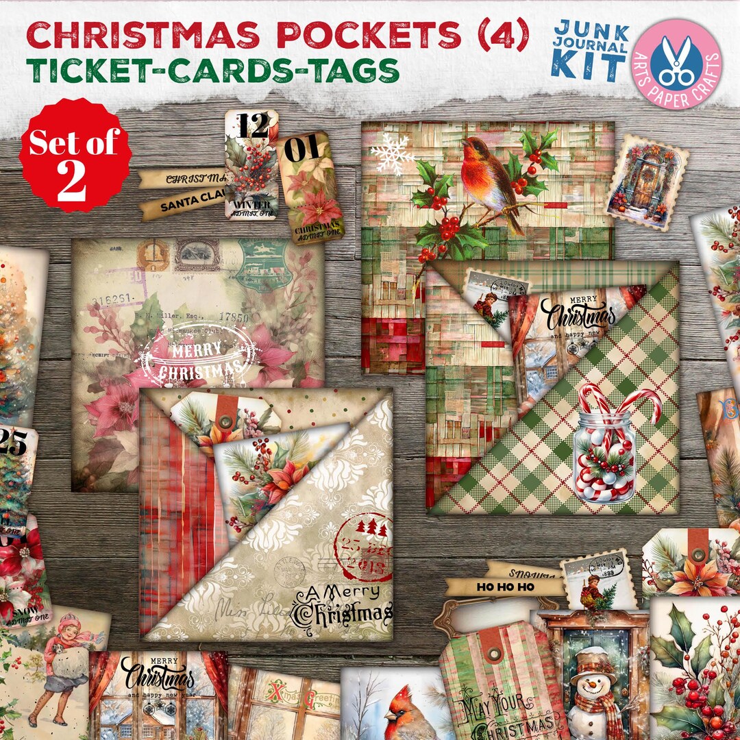 Christmas Pockets Card Ticket, Christmas Junk Journal Kit, Printable ...