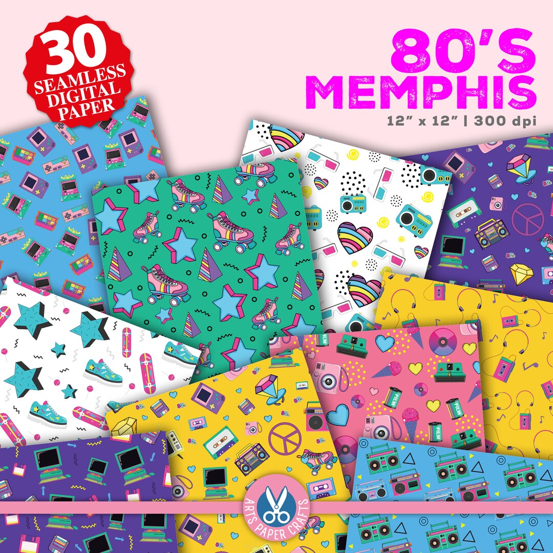 80’s Digital Papers Set - Memphis Background - Retro Seamless Pattern ...