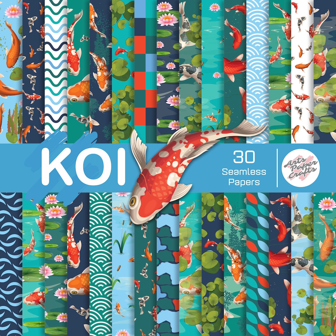 Koi Fish Digital Papers Set Japanese Art Background Lotus Koi Seamless ...