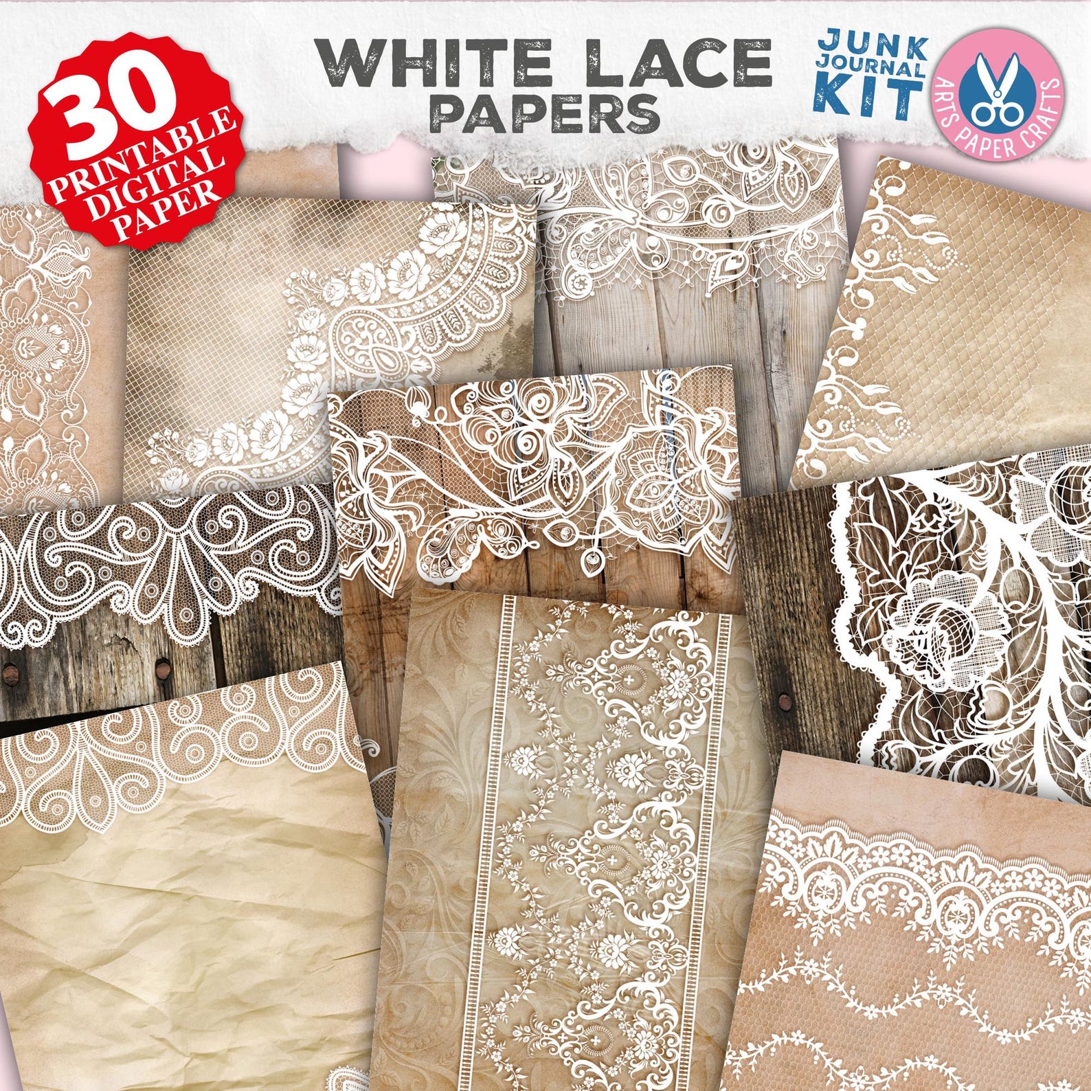 White Lace Journal Papers - Lace Printable Antique Pages - Lace Writing ...