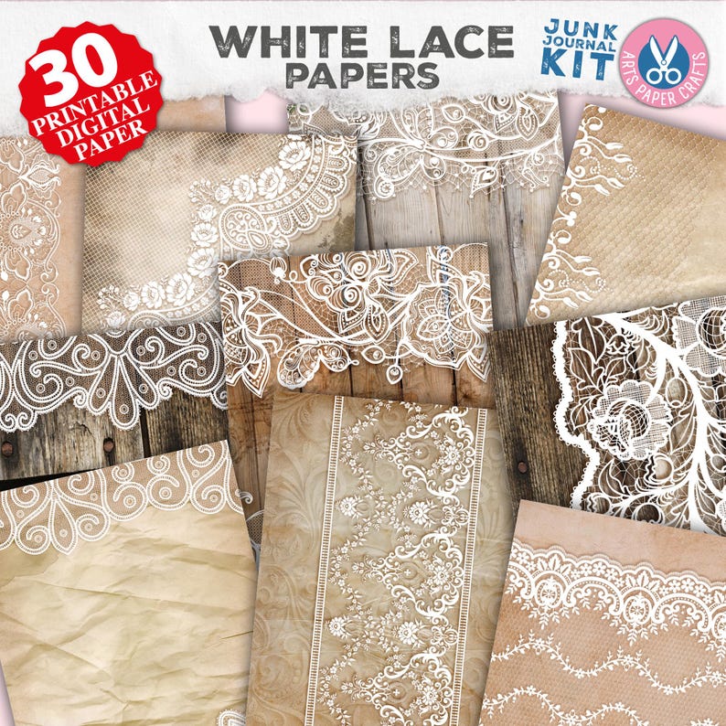 White Lace Journal Papers - Lace Printable Antique Pages - Lace Writing ...