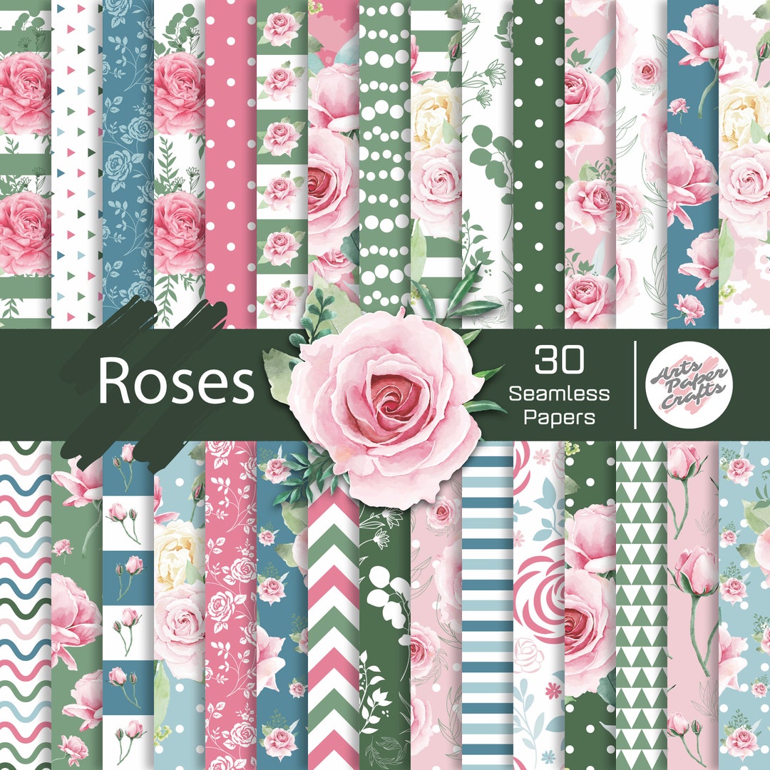 Roses Watercolor Flower Digital Paper Sets Roses Theme Party Pink Blue ...
