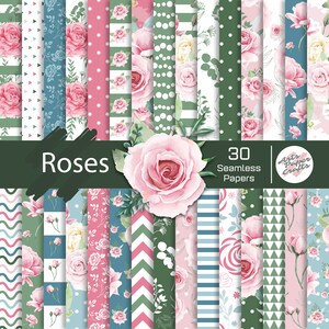 Roses Watercolor Flower Digital Paper Sets Roses Theme Party Pink Blue ...
