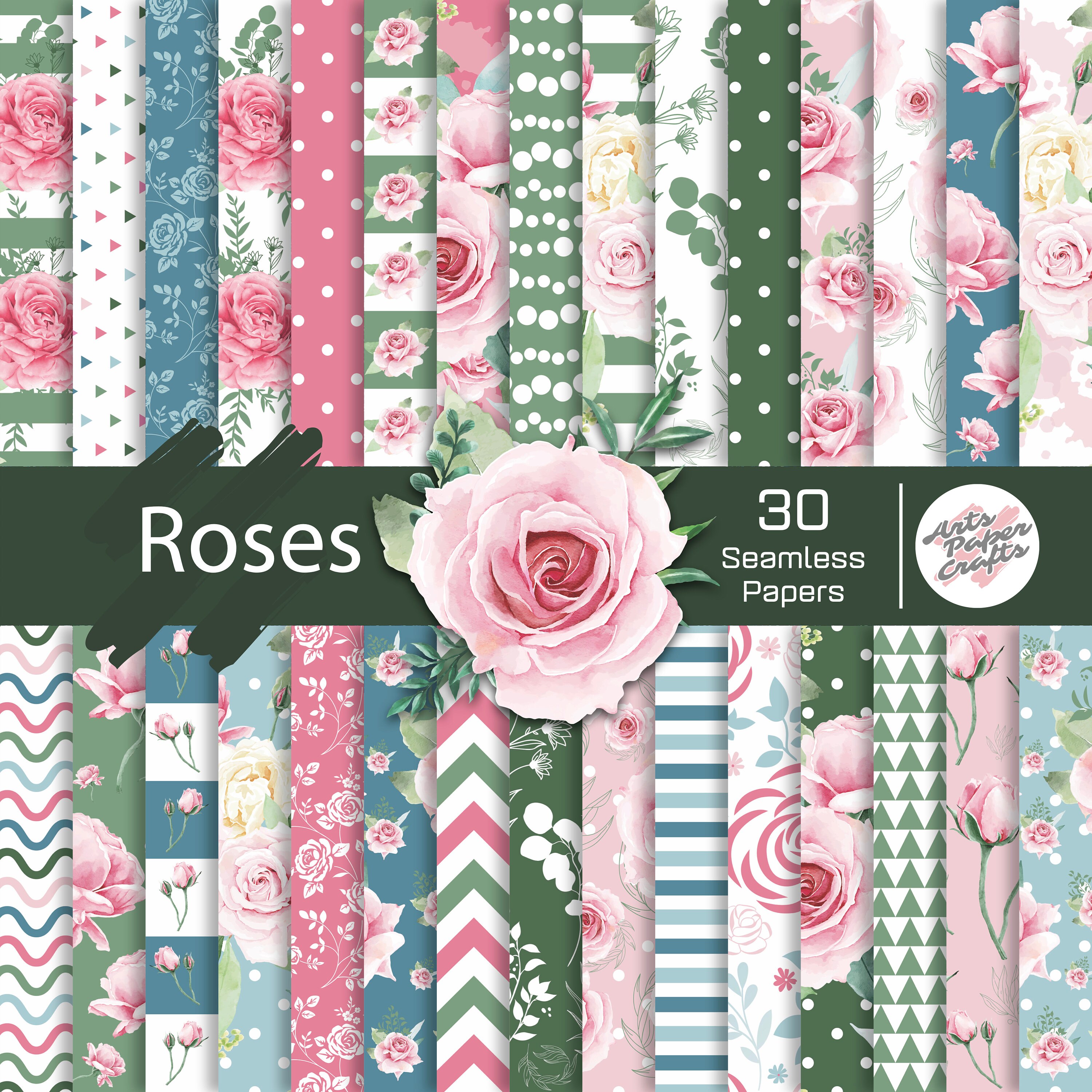 Roses Watercolor Flower Digital Paper Sets Roses Theme Party Pink Blue ...