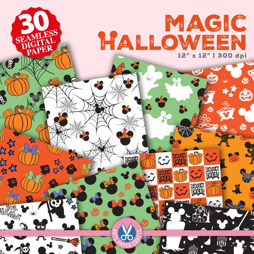 Mickey Halloween Digital Papers, Minnie Mouse, Pumpkin, Witch, Seamless ...