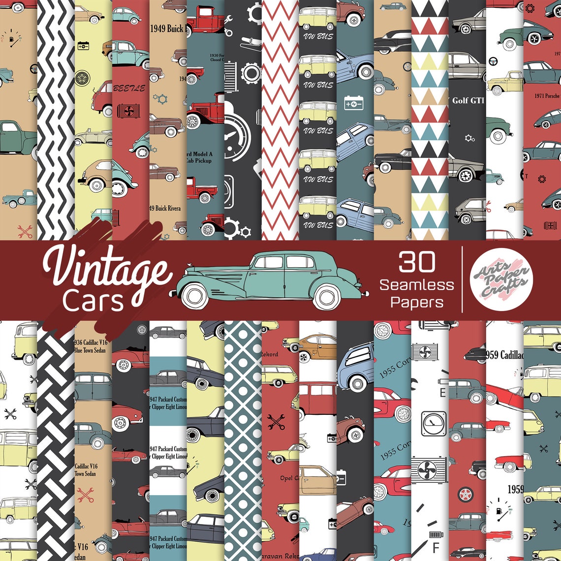 Vintage Cars Digital Papers Set Cars Background Vintage Cars Seamless ...