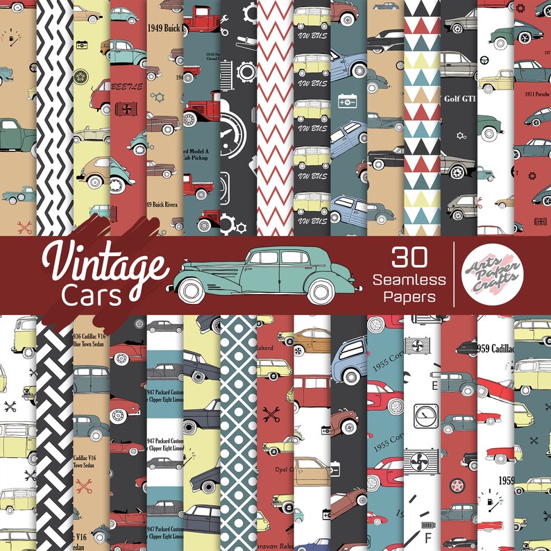 Vintage Cars Digital Papers Set Cars Background Vintage Cars Seamless ...