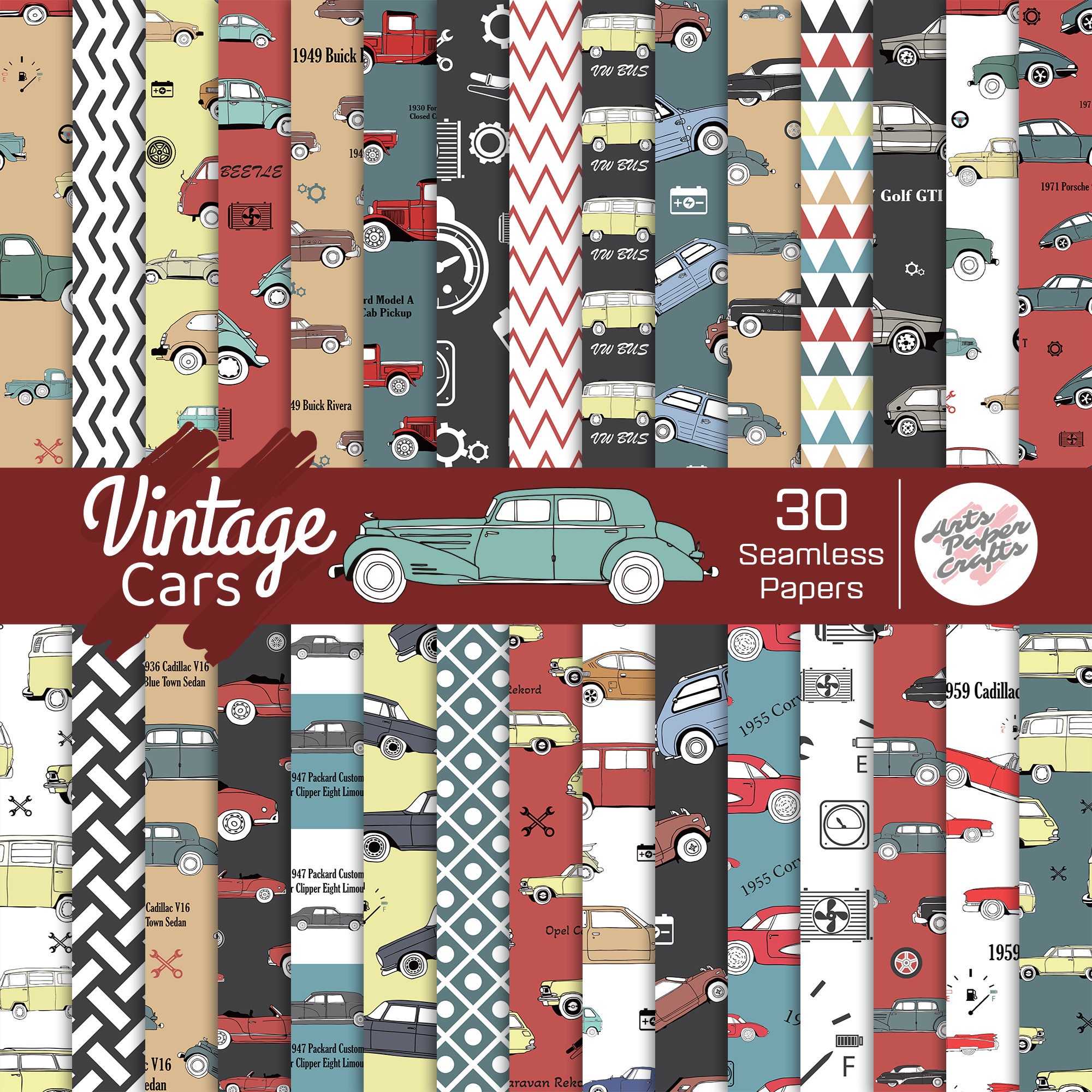 Vintage Cars Digital Papers Set Cars Background Vintage Cars Seamless ...