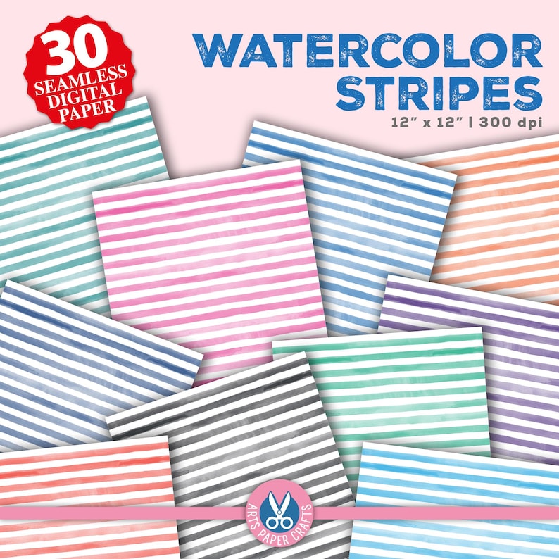 Watercolor Stripes Seamless Digital Paper Set, Watercolor Stripes ...