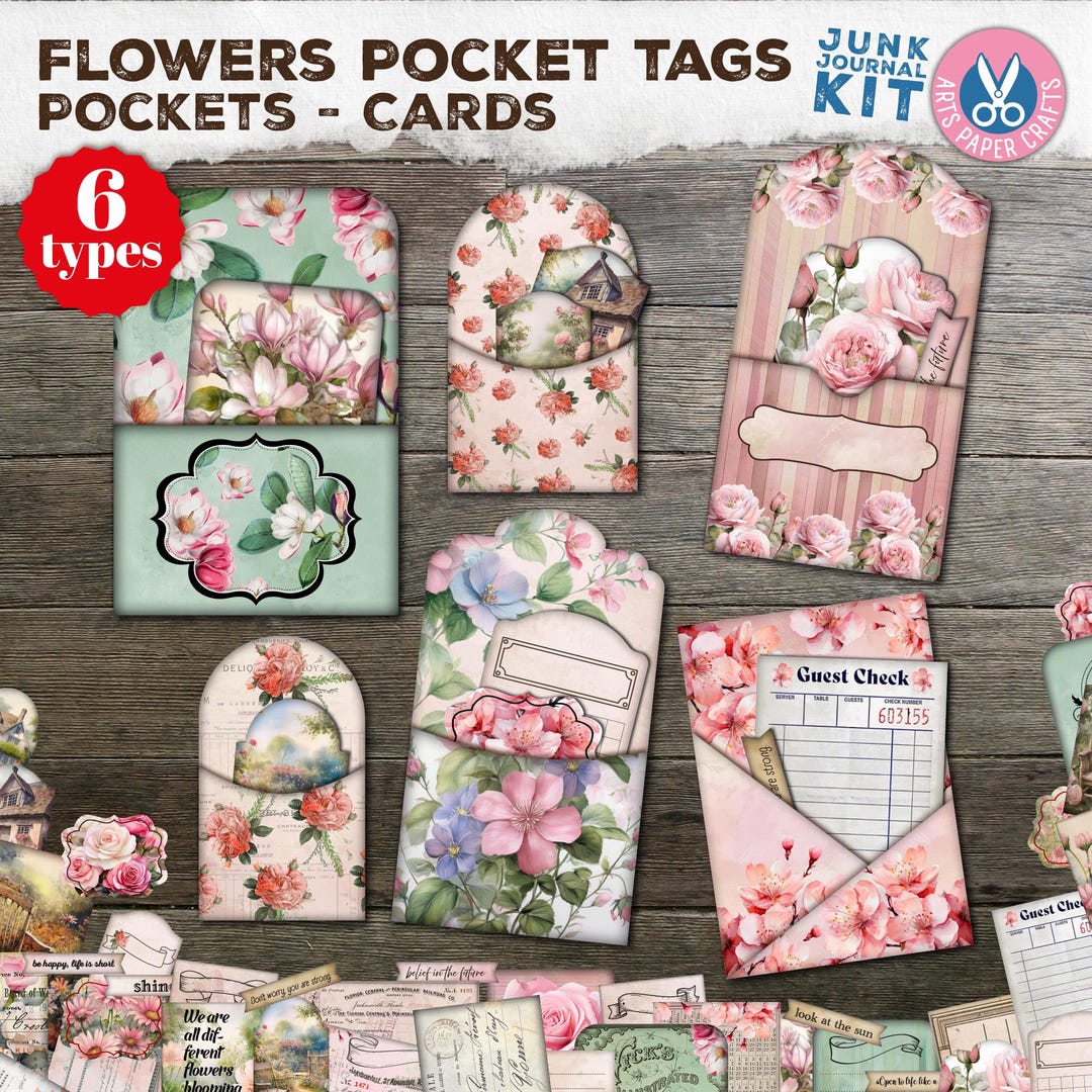 Pocket Tags, Vintage Roses Junk Journal Kit, Printable Ephemera ...