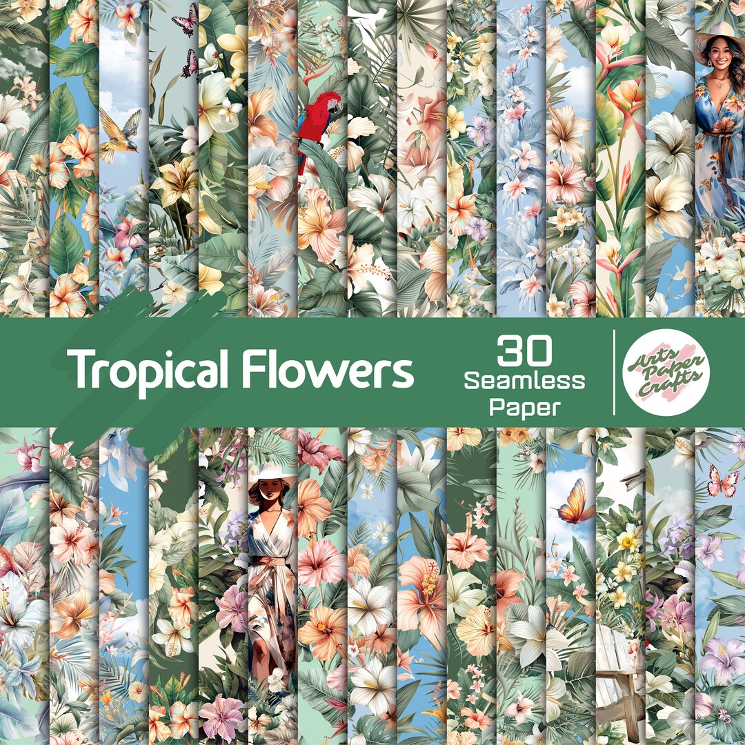 Tropical Flowers Digital Papers Set Flowers Background Tropical Garden ...