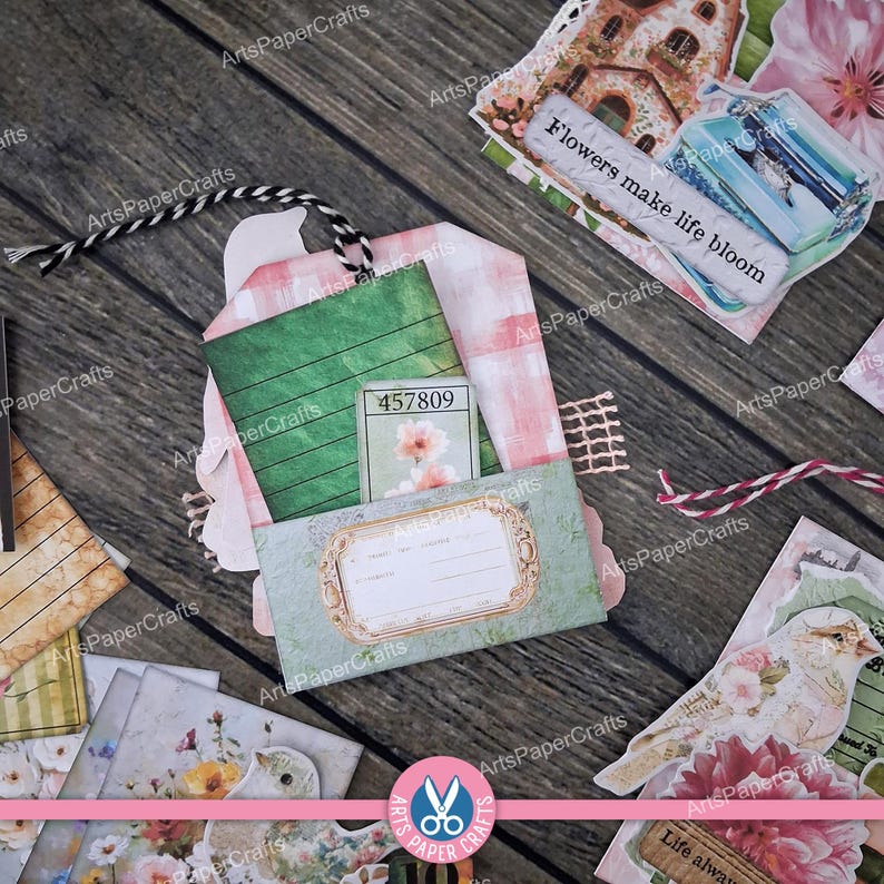 Pink Green Pocket Tags, Flowers, Roses Junk Journal Kit, Printable ...