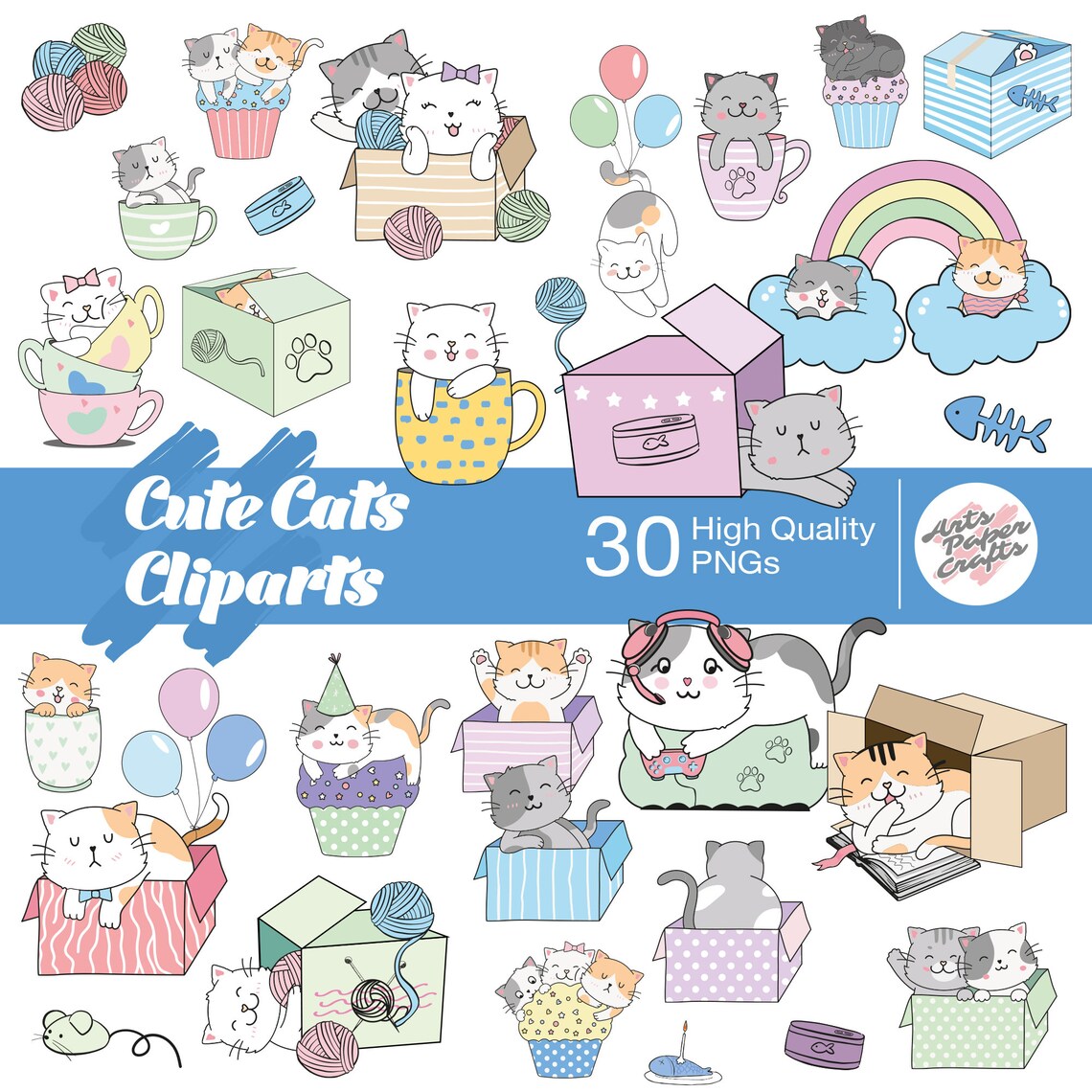 30 Cute Cat Clipart Set Kawaii Cats Clipart Cats PNG Instant Download ...
