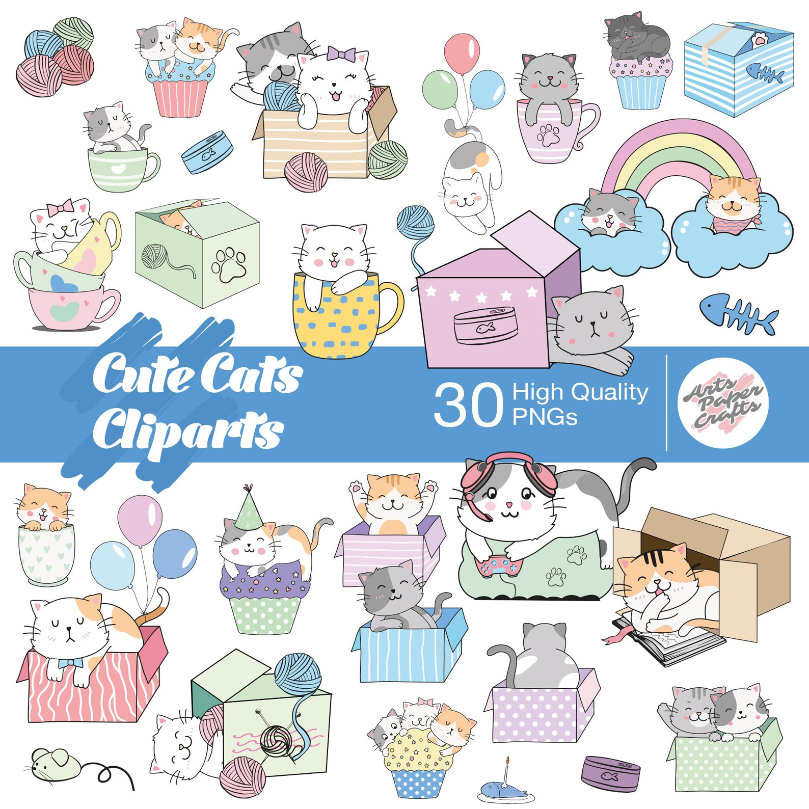 30 Cute Cat Clipart Set Kawaii Cats Clipart Cats PNG Instant Download ...