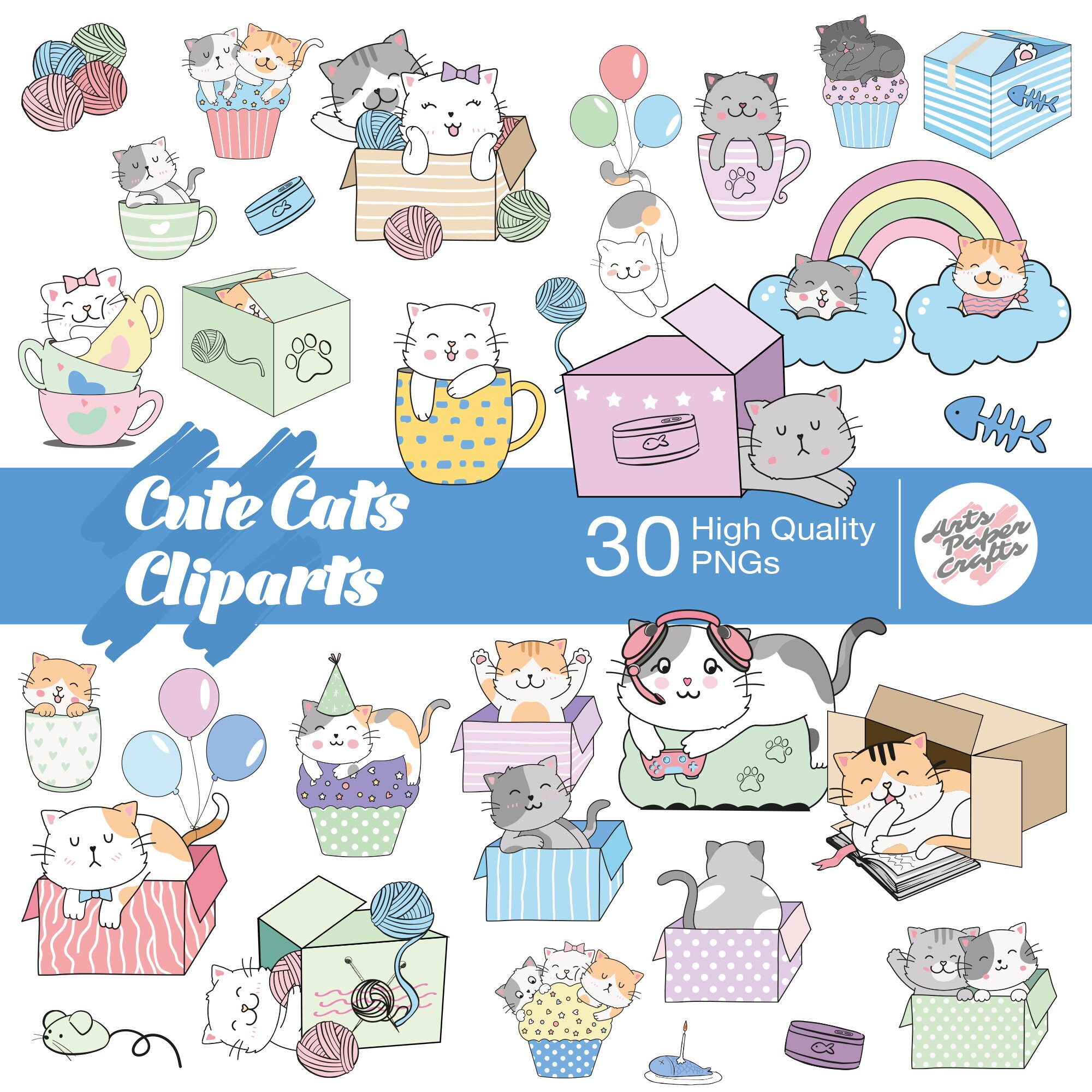 30 Cute Cat Clipart Set - Kawaii Cats Clipart - Cats PNG - Instant ...