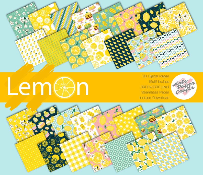 Lemon Digital Paper Sets Lemon Theme Party Yellow Light Blue Lemon ...