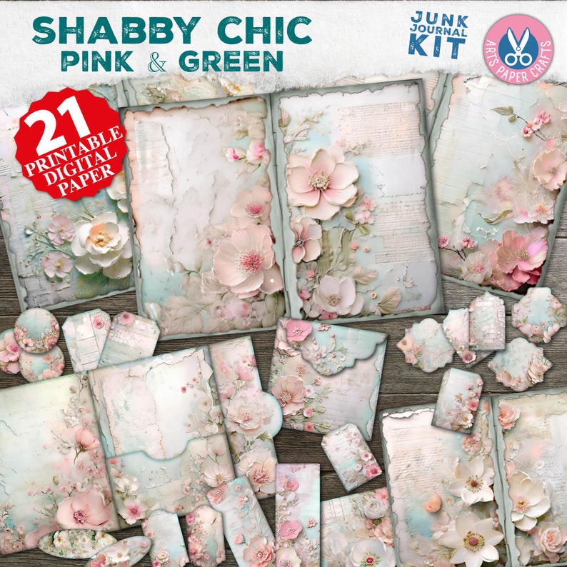 Shabby Chic Junk Journal Kit, Bookmark, Envelope, Journal Pages, Folio ...
