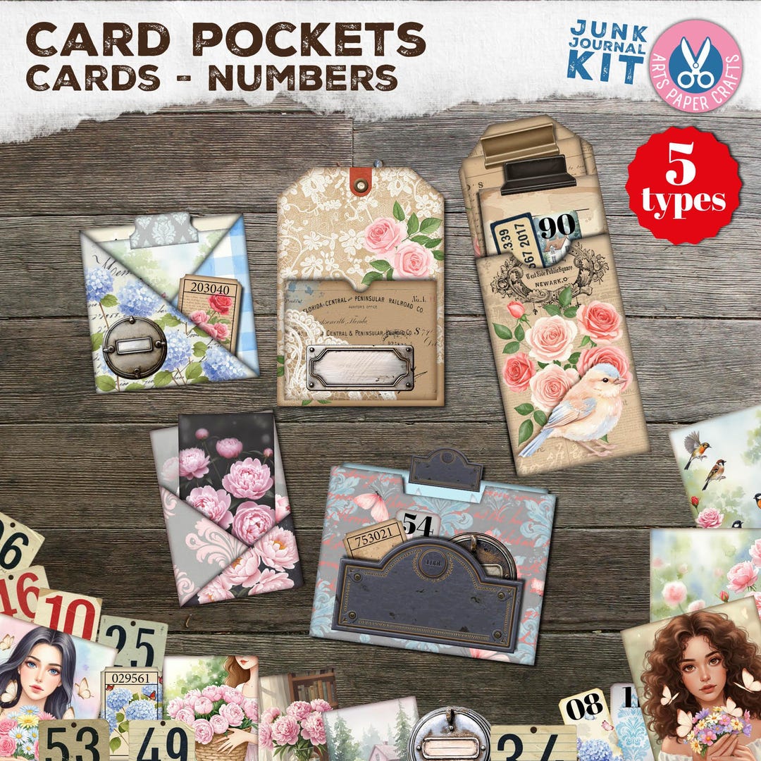 Card Pockets, Flowers, File Folders, Scrapbook Kit, Junk Journal Kit ...