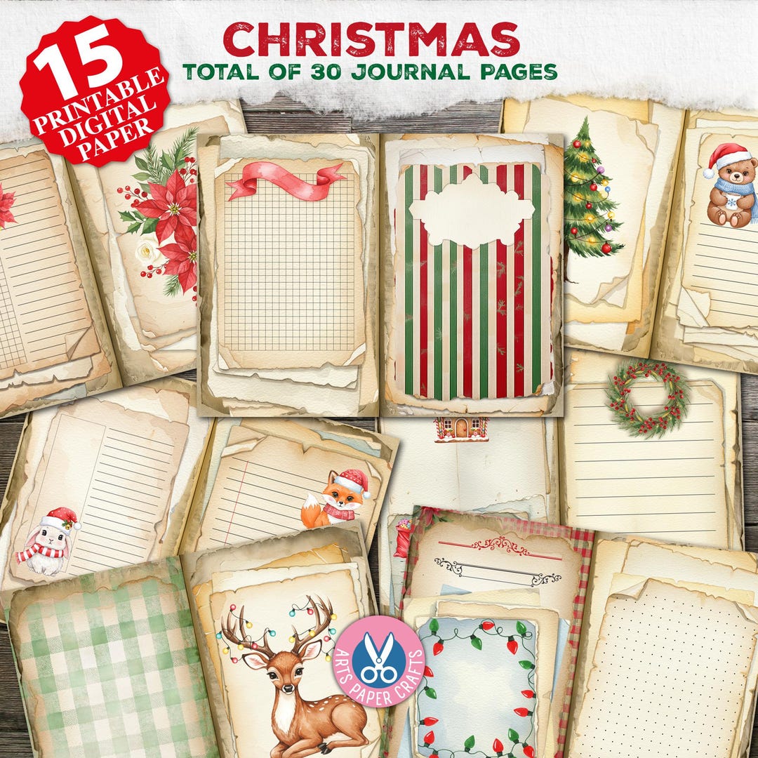 Classic Christmas Scrappy Papers, Backing, Shabby Lined Junk Journal ...