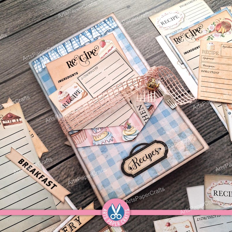 Junk Journal, Shabby Chic Digital Recipe Folio, Tab Folder, Recipe ...
