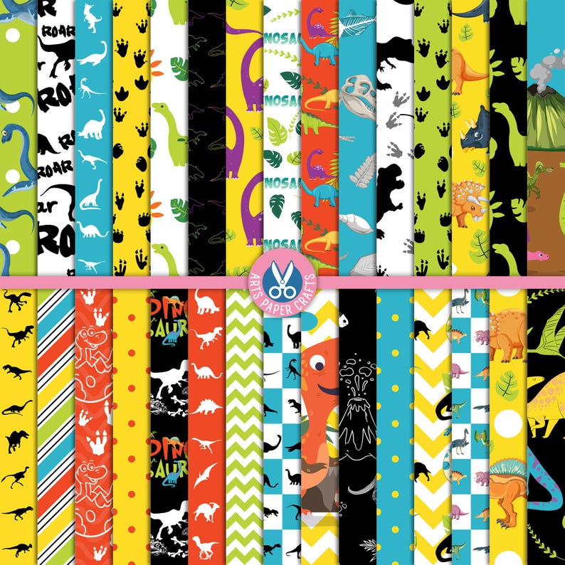 Dinosaurs Digital Papers, Jurassic Theme Party, Orange Blue Black, Boy ...