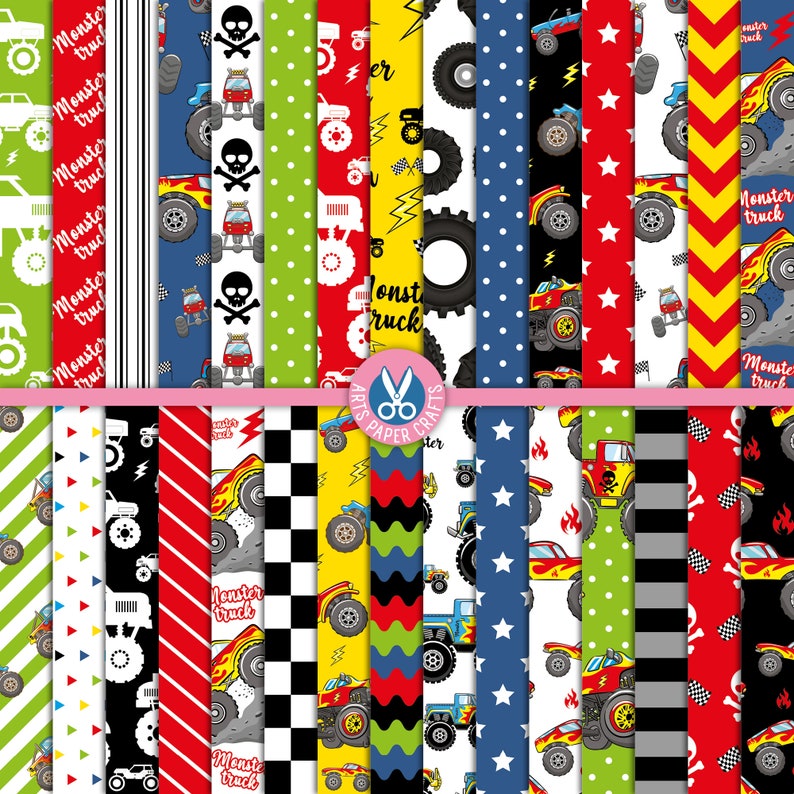 Monster Truck Seamless Digital Paper, Monster Truck Background, Monster ...