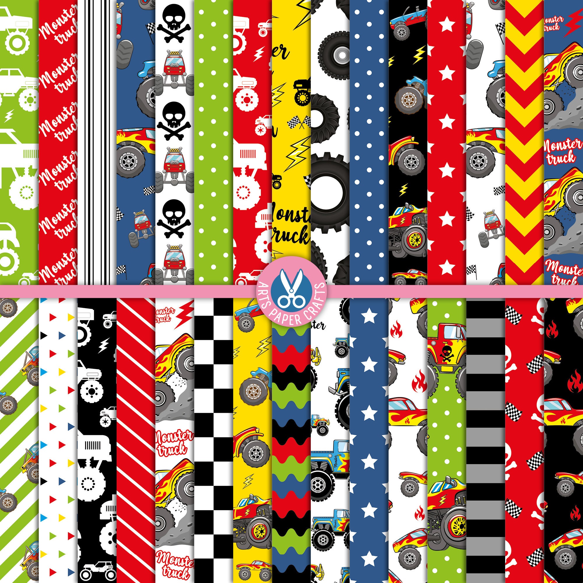 Monster Truck Seamless Digital Paper, Monster Truck Background, Monster ...