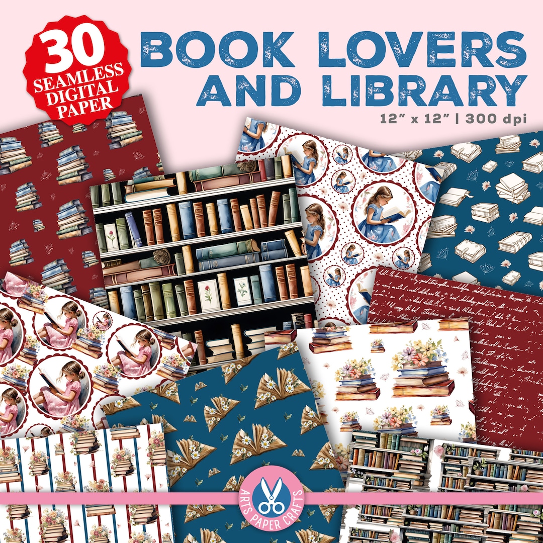 Book Lovers Library Digital Papers, Books Seamless Pattern, Instant ...