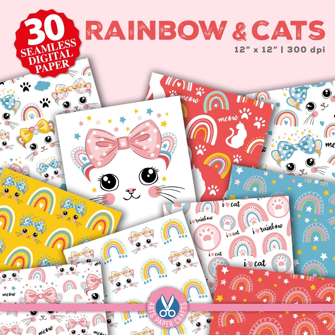 Rainbow and Cats Digital Papers - Kitten Theme Party - Pink Red Blue ...