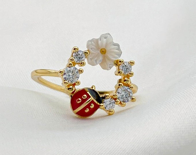 Ring With Flower and Ladybird Details, Zircon Ring, Ladybug Ring ...