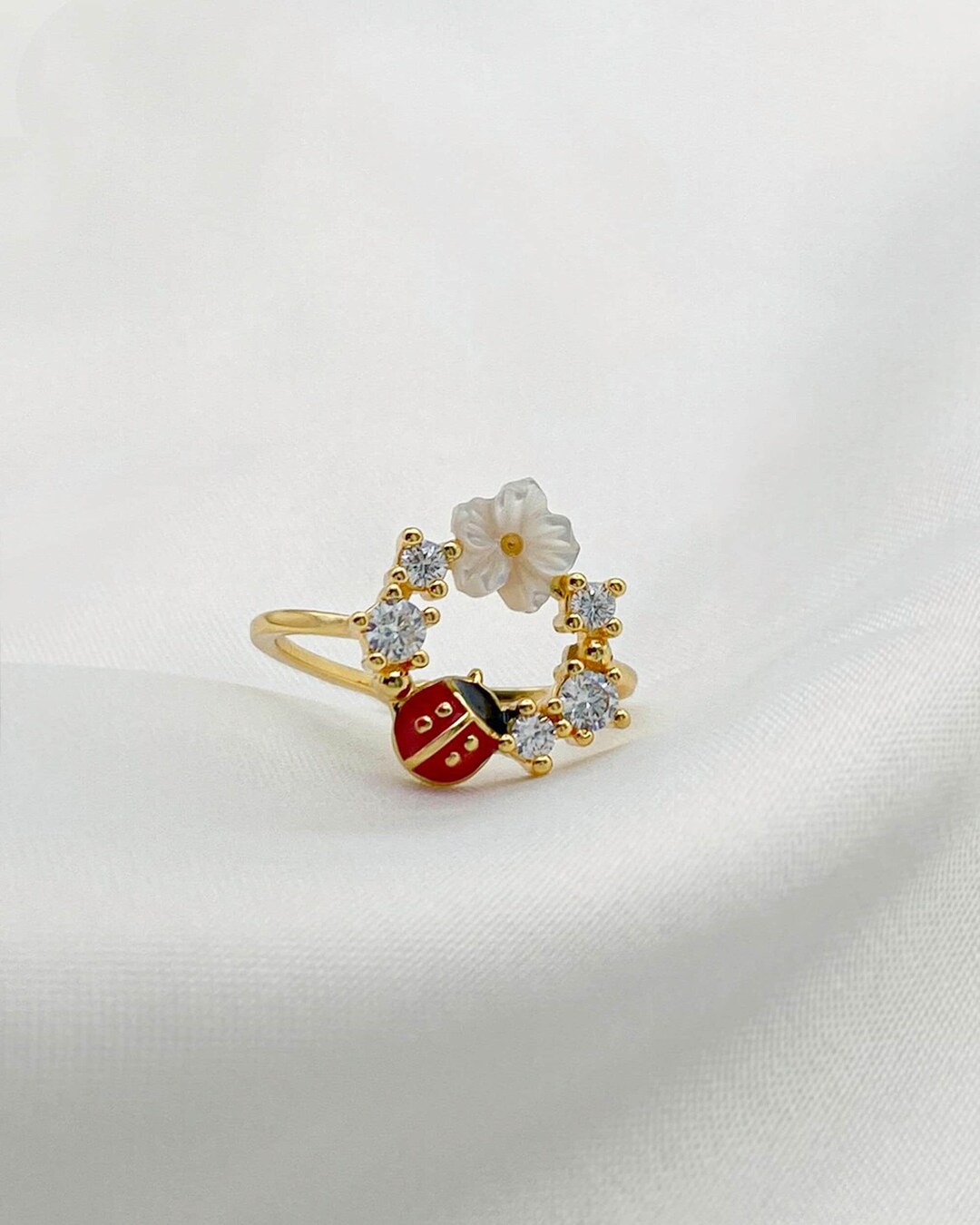 Ring With Flower and Ladybird Details, Zircon Ring, Ladybug Ring ...