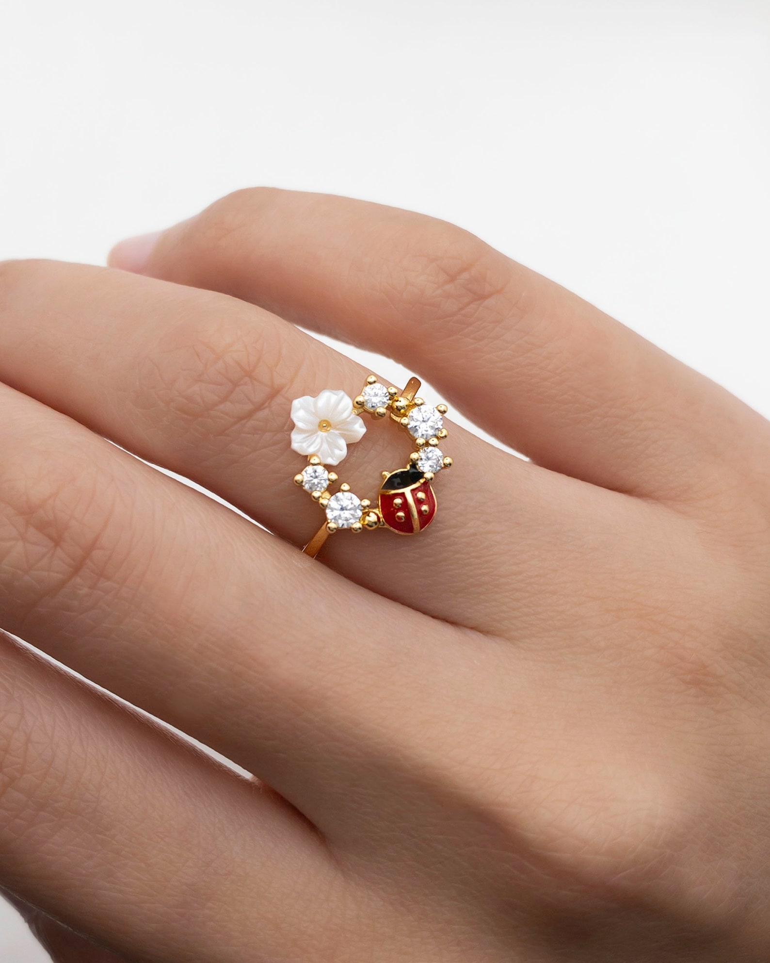 Ring With Flower and Ladybird Details, Zircon Ring, Ladybug Ring ...