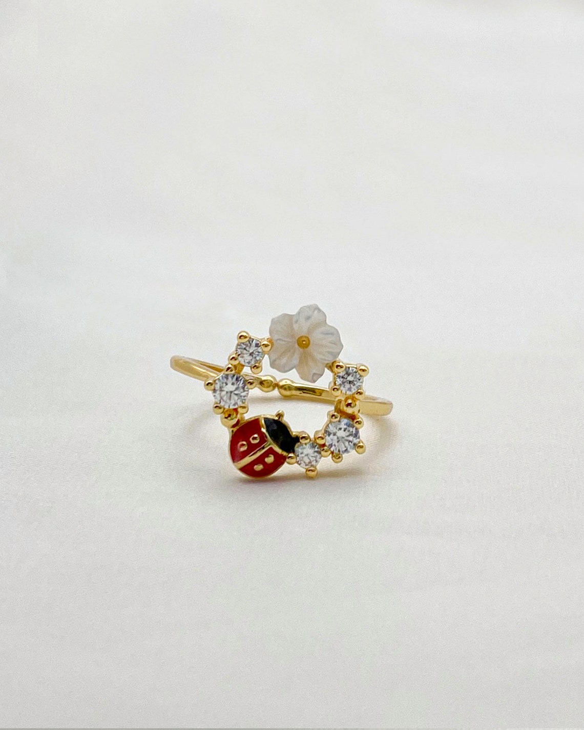 Ring With Flower and Ladybird Details, Zircon Ring, Ladybug Ring ...