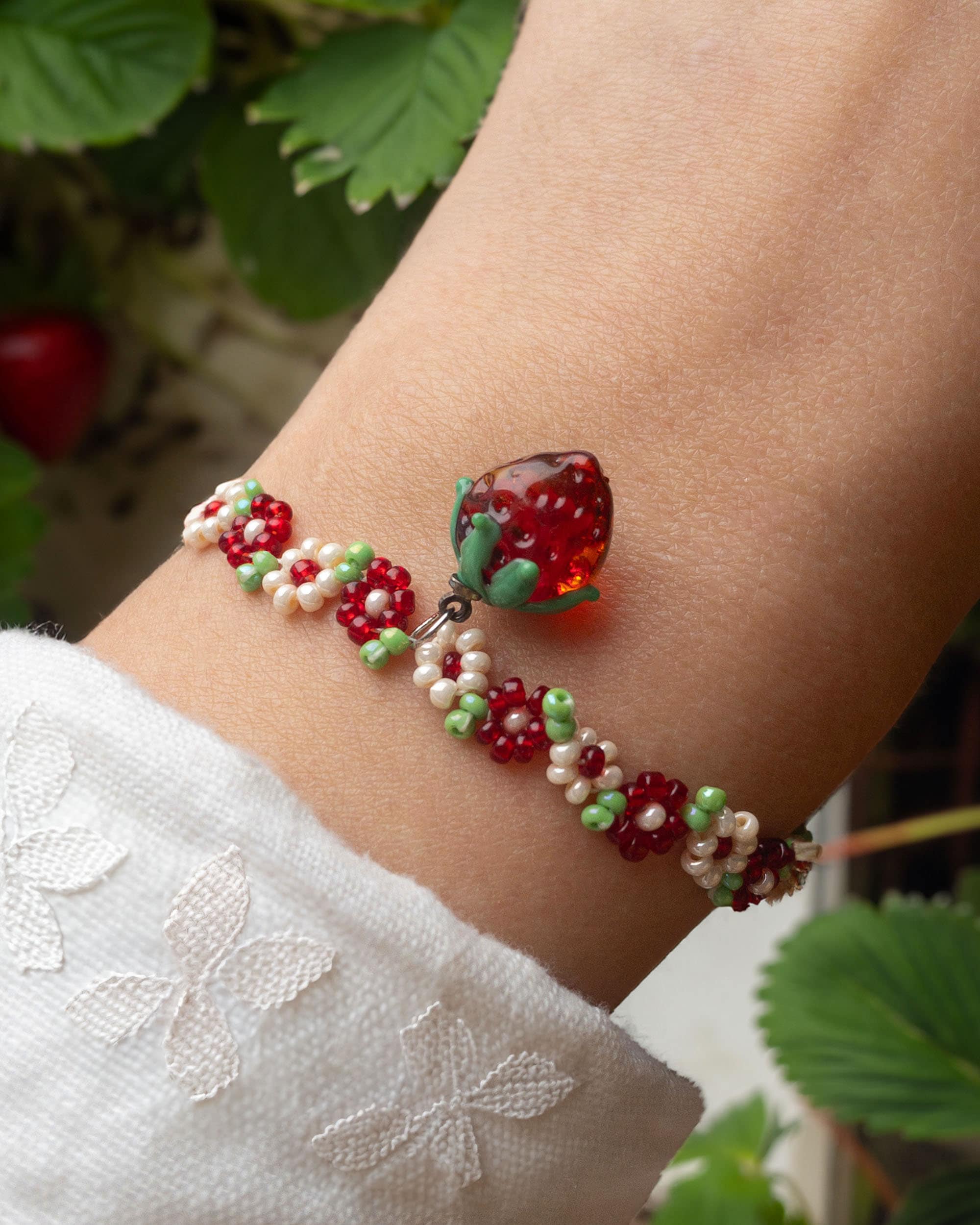 Strawberry Bracelet, Flower Beaded Bracelet, Murano Glass, Cute Fruit ...