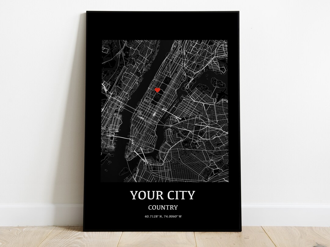 Dark City Map Print, Custom Map Poster, Customizable Wall Art ...