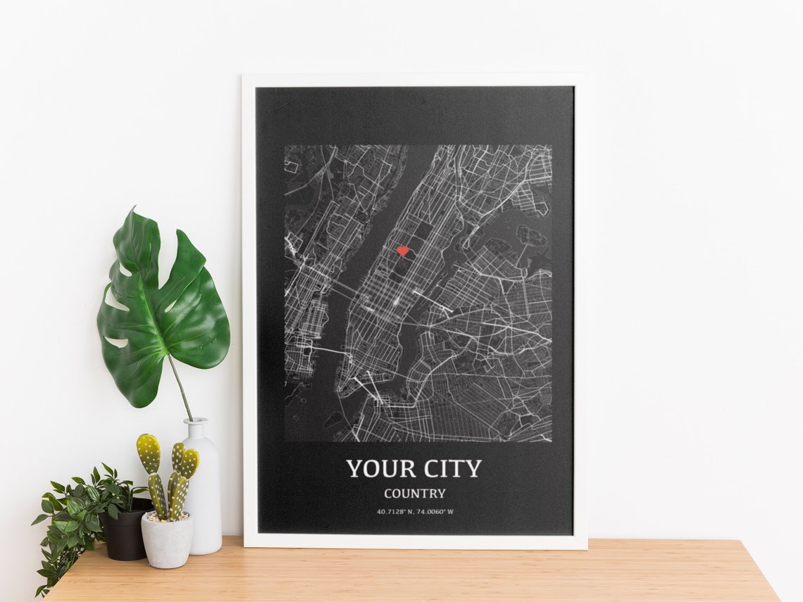 Dark City Map Print, Custom Map Poster, Customizable Wall Art ...