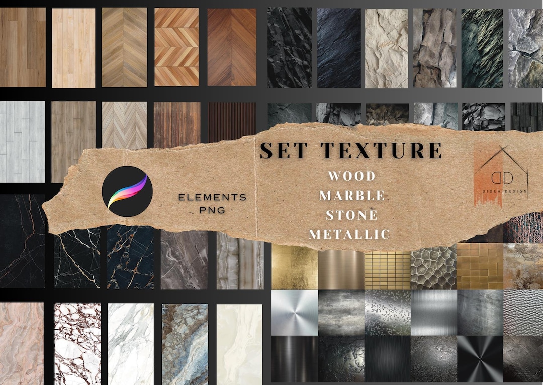 Procreate Texturas Mármol Roca Madera Metal Conjunto Diseño Interior Boceto Bloques Elementos ...