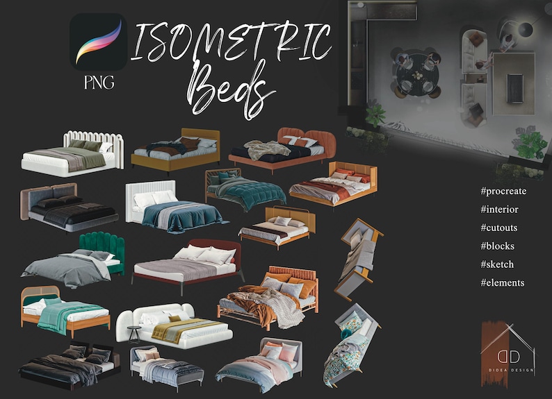 Procreate Isometric Bed Interior Exterior Sketch Blocks Elements ...