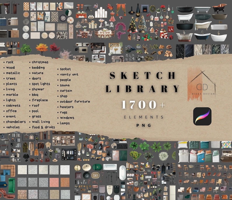 Procreate Sketch Library Bundle Cutouts PNG Interior Design Sketch ...