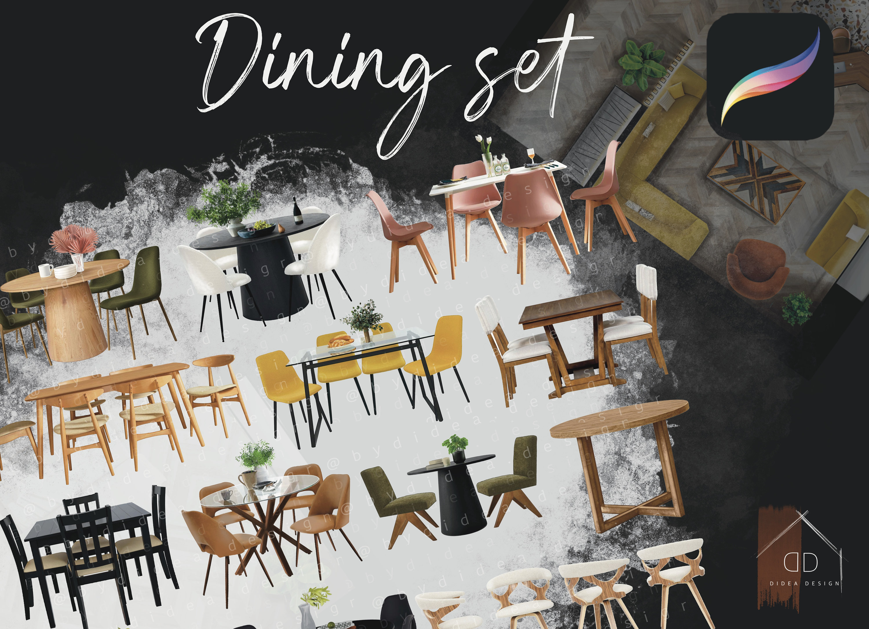 Procreate Interior Design Dining Set Table and Chairs Sketch Blocks ...