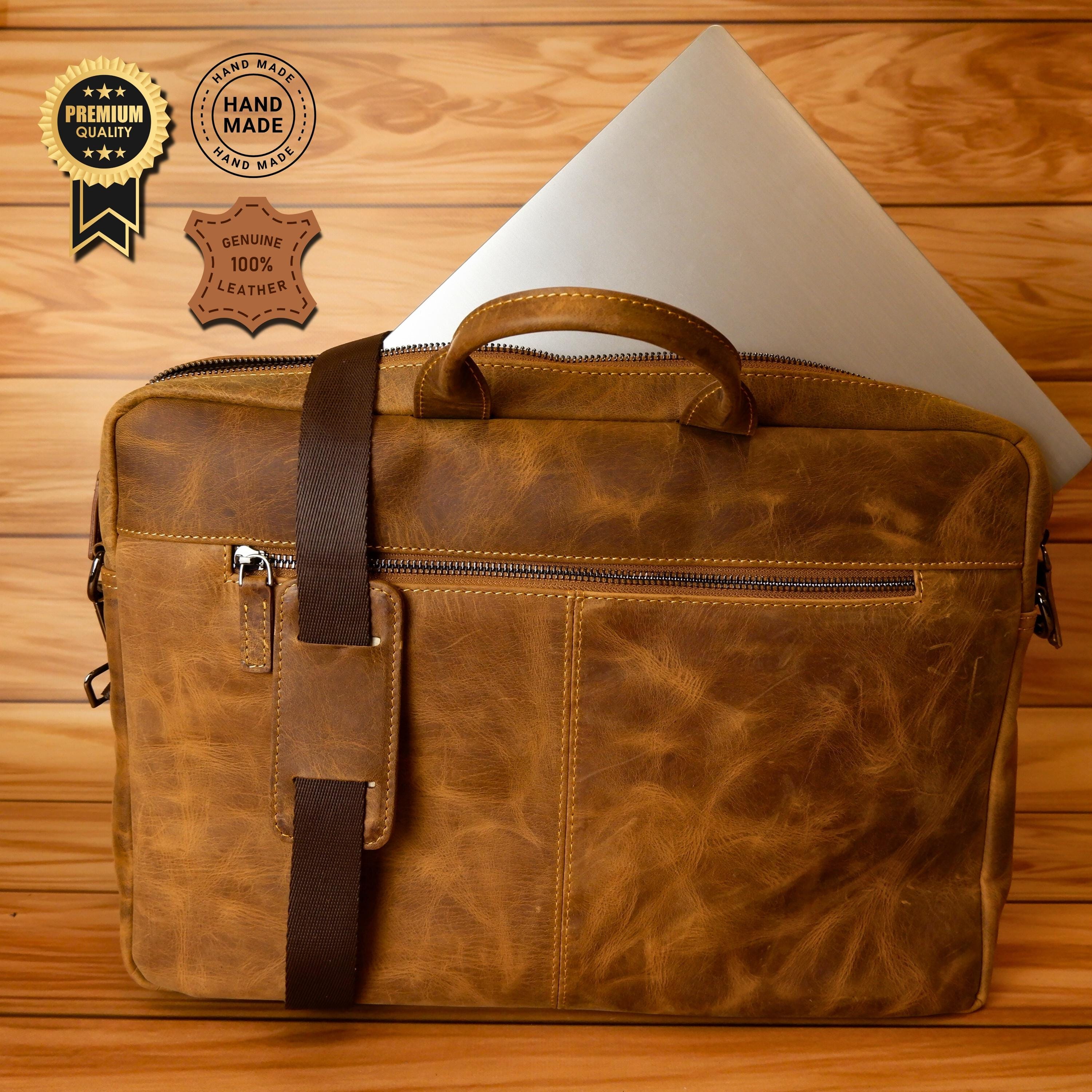 Premium Leather Laptop Bag Soft Padded, RFID Protection, Multiple ...